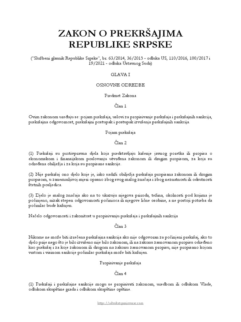 Zakon o Prekrsajima Republike Srpske | PDF
