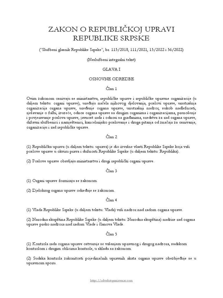 Zakon o Republickoj Upravi Republike Srpske | PDF