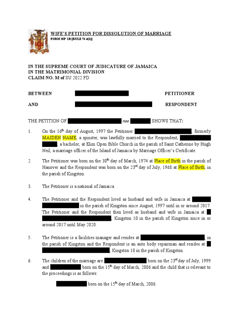 Jamaica Divorce Petition Submission | PDF | Service Of Process | Common Law