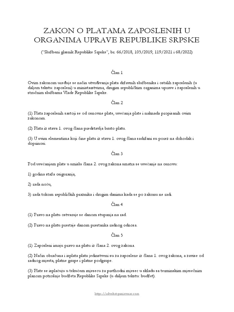 Zakon o Platama Zaposlenih U Organima Uprave RS | PDF