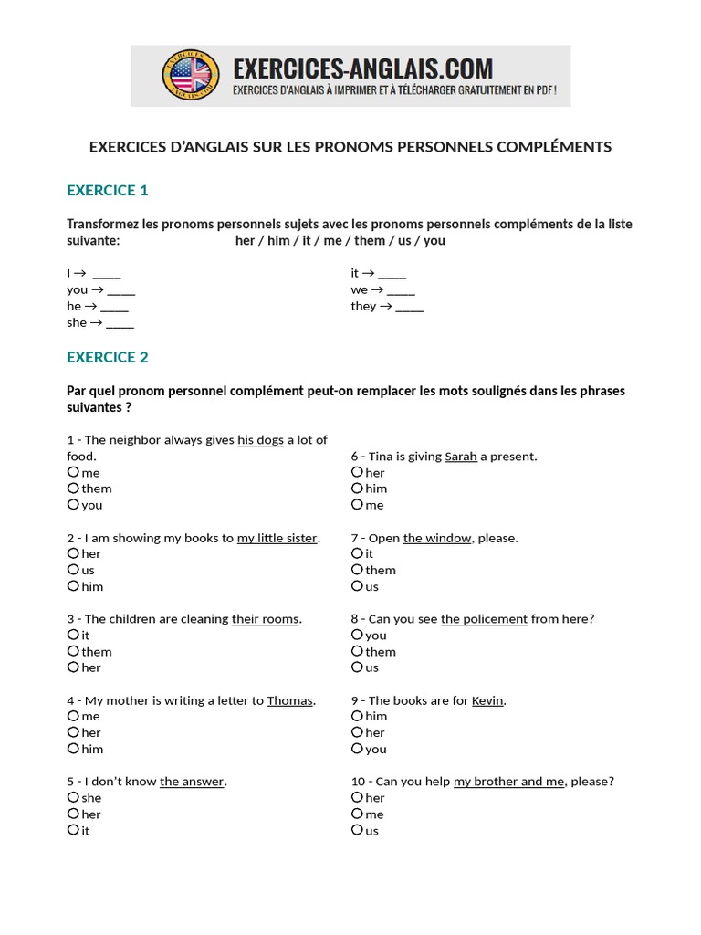 Exercices sur les pronoms personnels | PDF