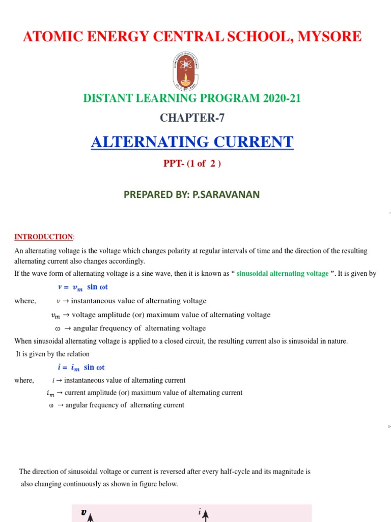 Class - 12 - Physics - Alternating Current PPT-1 of 3 | PDF | Capacitor | Voltage
