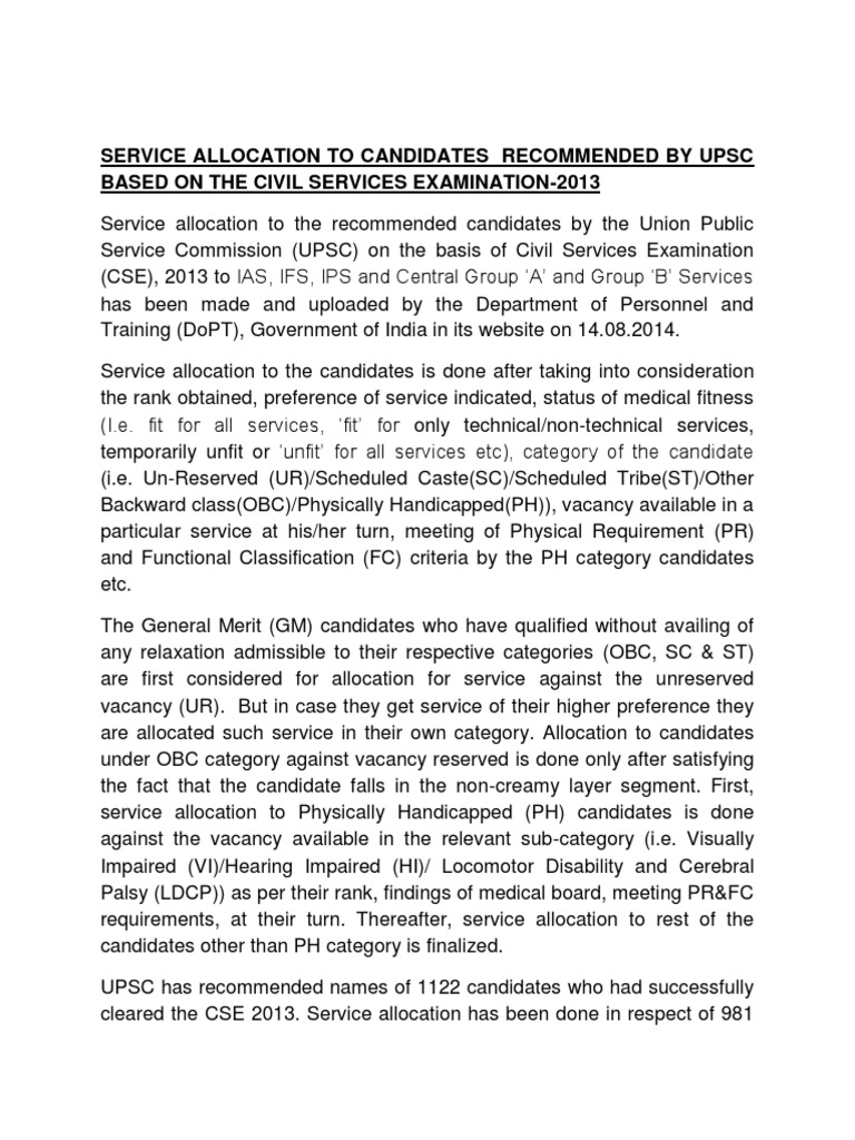 Service Allocation To Candidates Recommended by Upsc Based On The Civil ...