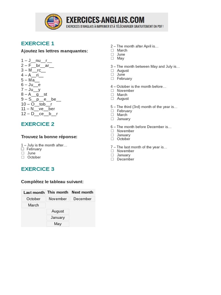 13 Exercices-Mois-Anglais-A-Imprimer | PDF