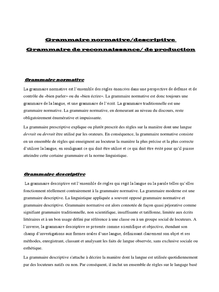 Grammaire Normative Et Grammaire Descriptive | PDF | Grammaire ...