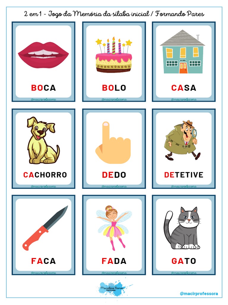 2 em 1 Jogo Da Memória Da Sílaba Inicial e Fomando Pares | PDF
