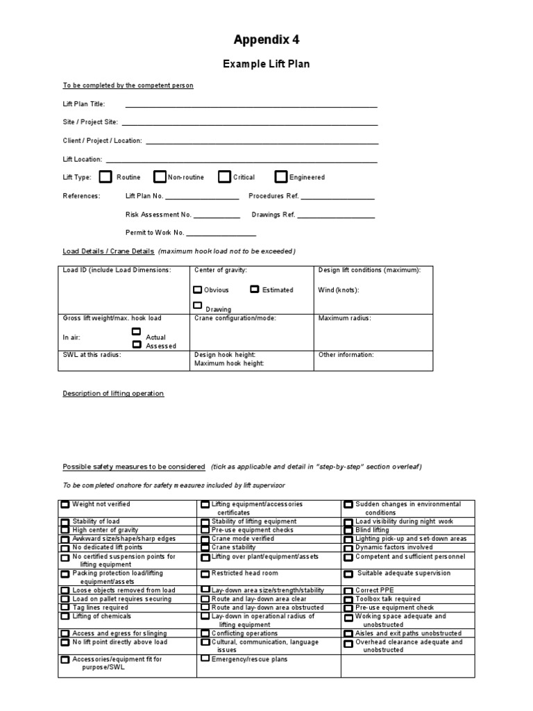 Appendix 4 - Lift Plan Template1 | PDF | Crane (Machine) | Risk Assessment