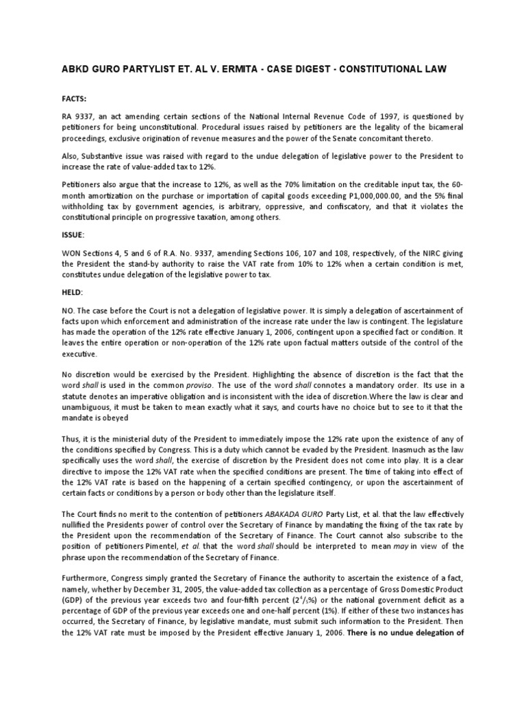 Abkd Guro Partylist Et. Al v. Ermita - Case Digest - Constitutional Law ...