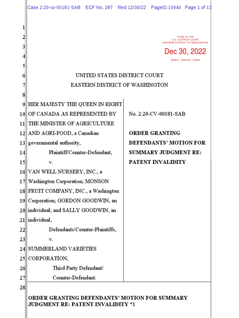 The Queen v. Van Well Nursery - Order Granting Summary Judgment (Cherry ...