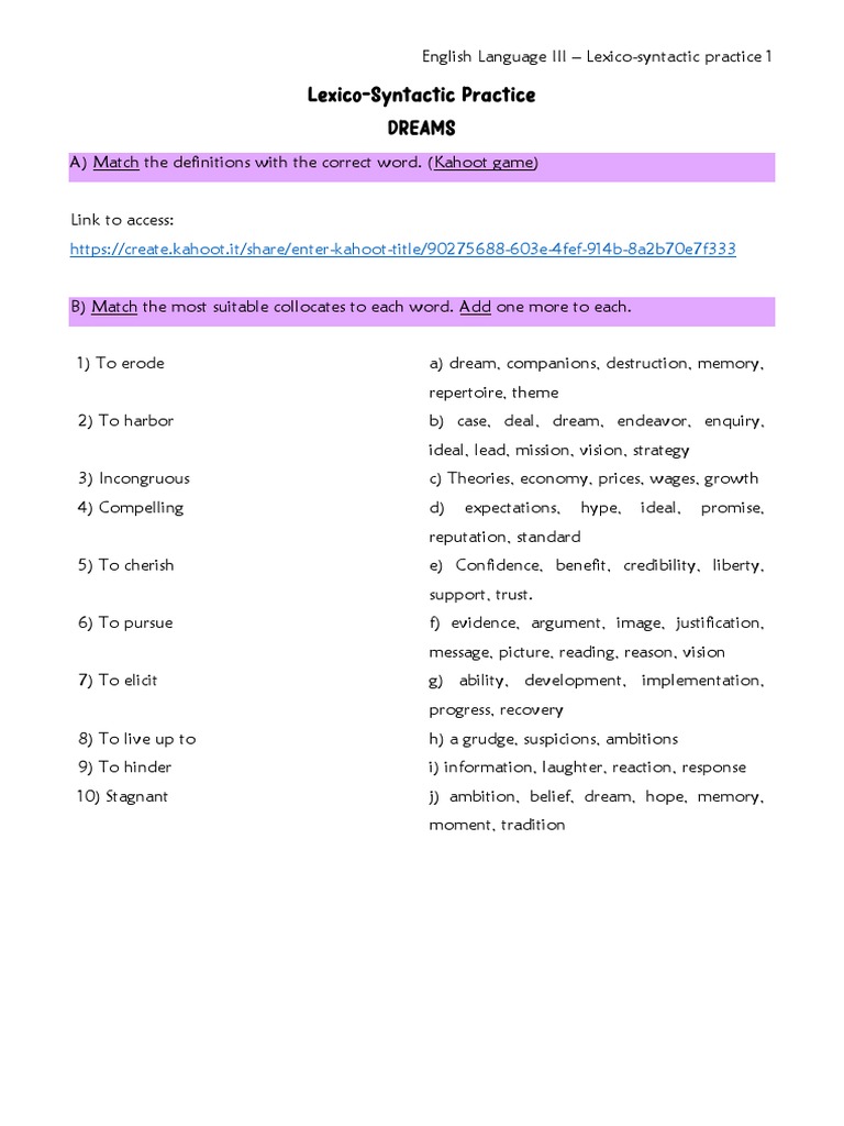 Lexico Syntactic Practice Week 12 09 Dreams Pdf Dream Psychology