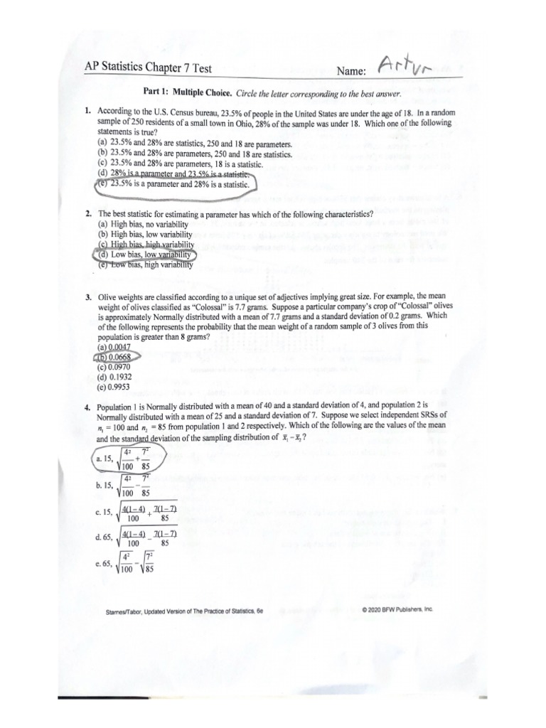 AP Statistics Chapter 7 Test | PDF