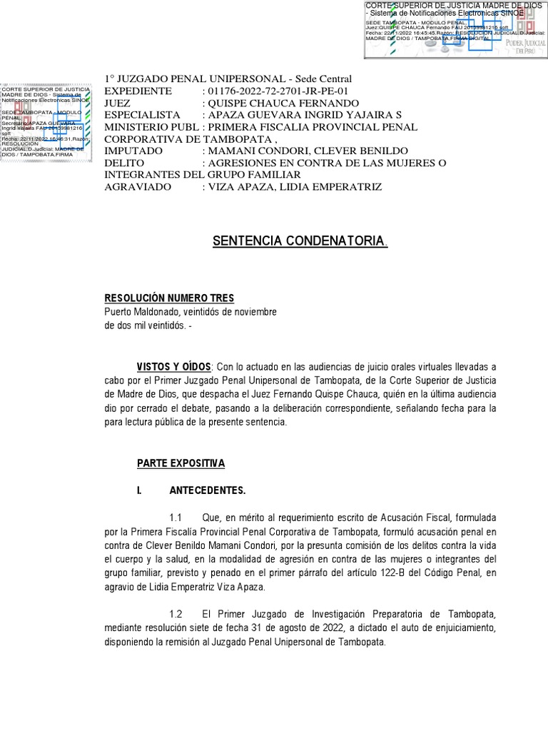 Sentencia Condenatoria.. | PDF | Evidencia (ley) | Violencia