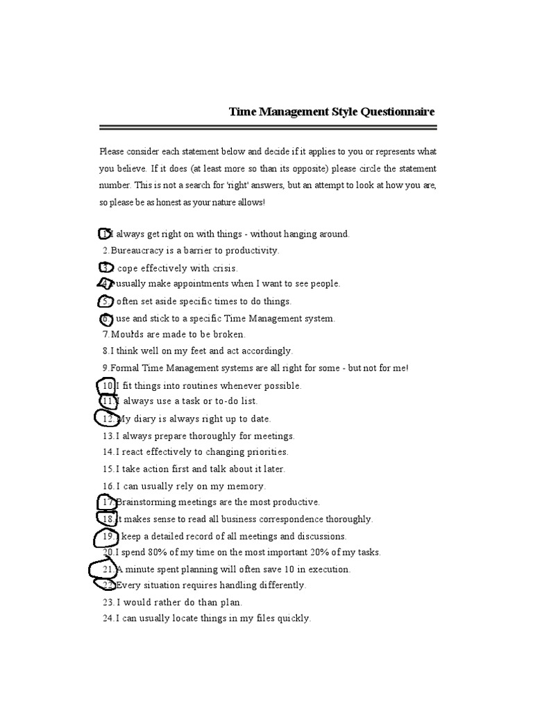 Time Managem Questionnaire r1 | PDF | Time Management | Professional Skills