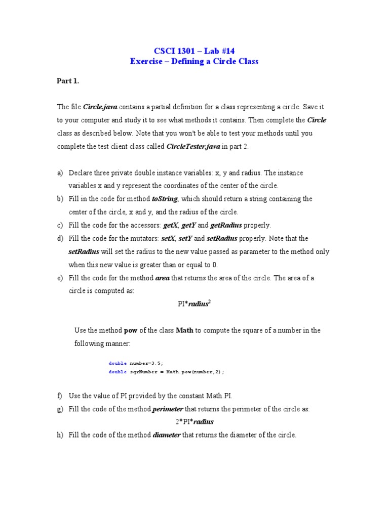 CSCI 1301 - Lab #14 Exercise - Defining A Circle Class | PDF | Circle | Pi