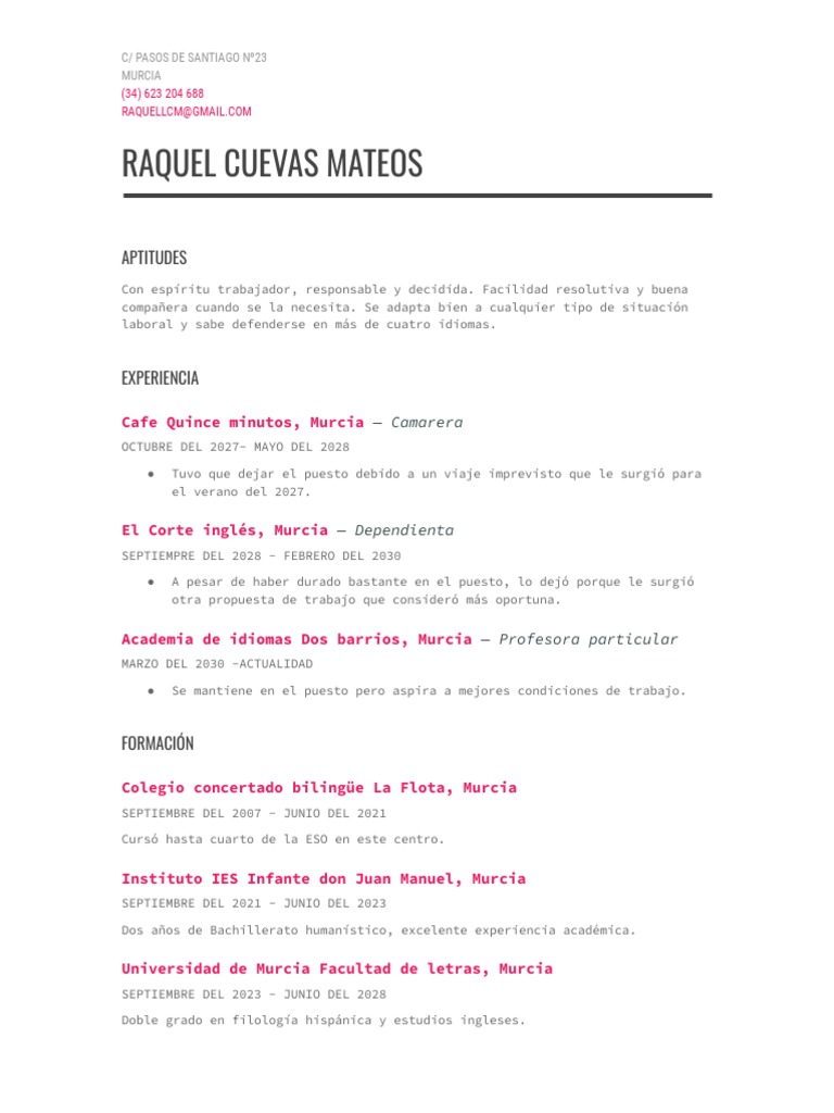 Currículum vitae de Raquel Cuevas Mateos, candidata polilingüe con experiencia en hostelería ...