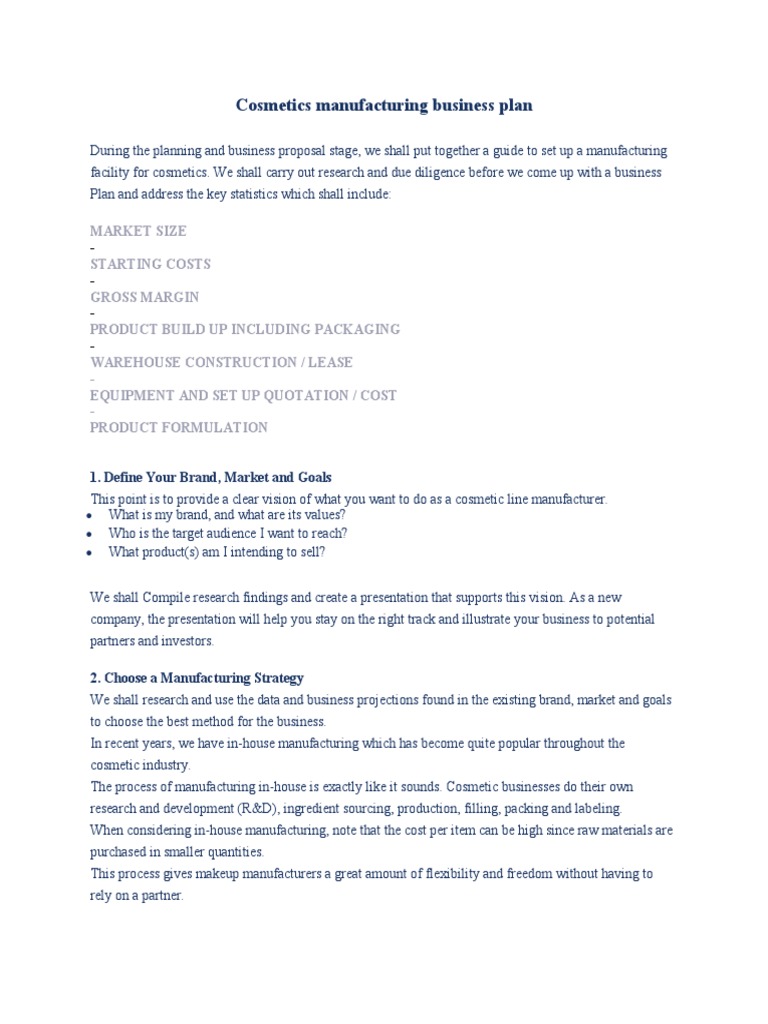 Cosmetics Manufacturing Business Plan | PDF | Cosmetics | Warehouse