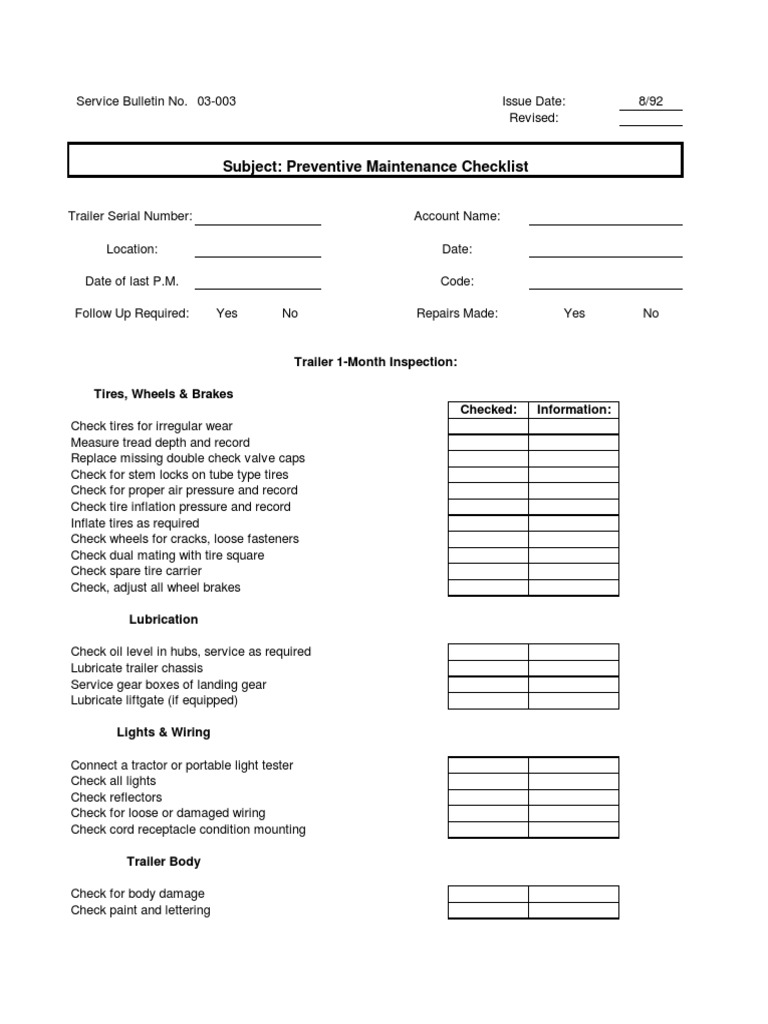 SB 03 003 Preventive Maintenance Checklist | PDF | Tire | Trailer (Vehicle)