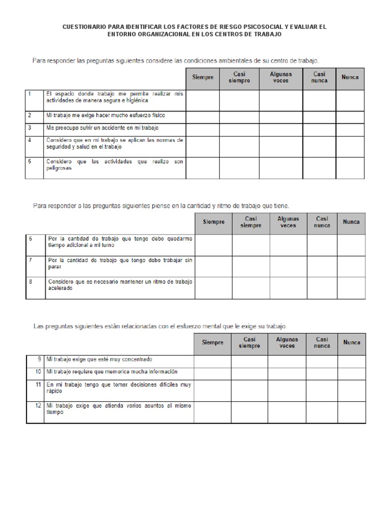Cuestionario para Identificar Los Factores de Riesgo Psicosocial y Evaluar El | PDF