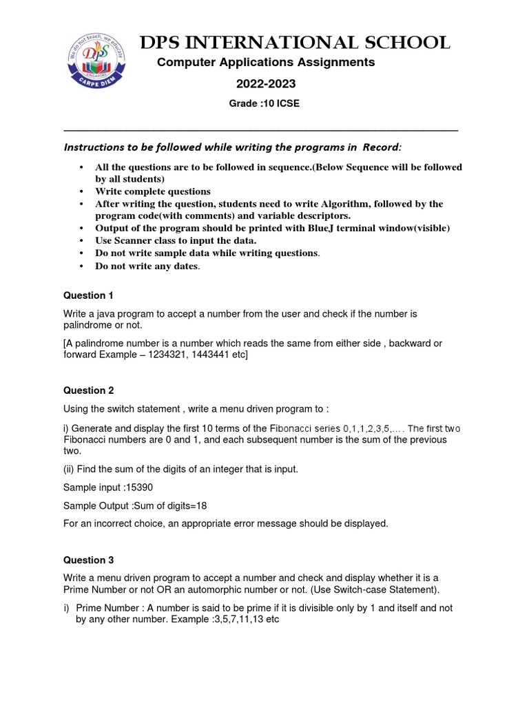 Grade 10 ICSE Assignments - Internal Assessment | Download Free PDF | Computer Program | Programming