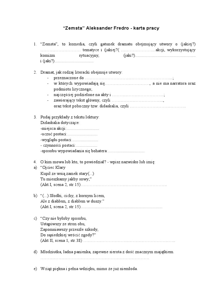 "Zemsta" Aleksander Fredro - Karta Pracy | PDF