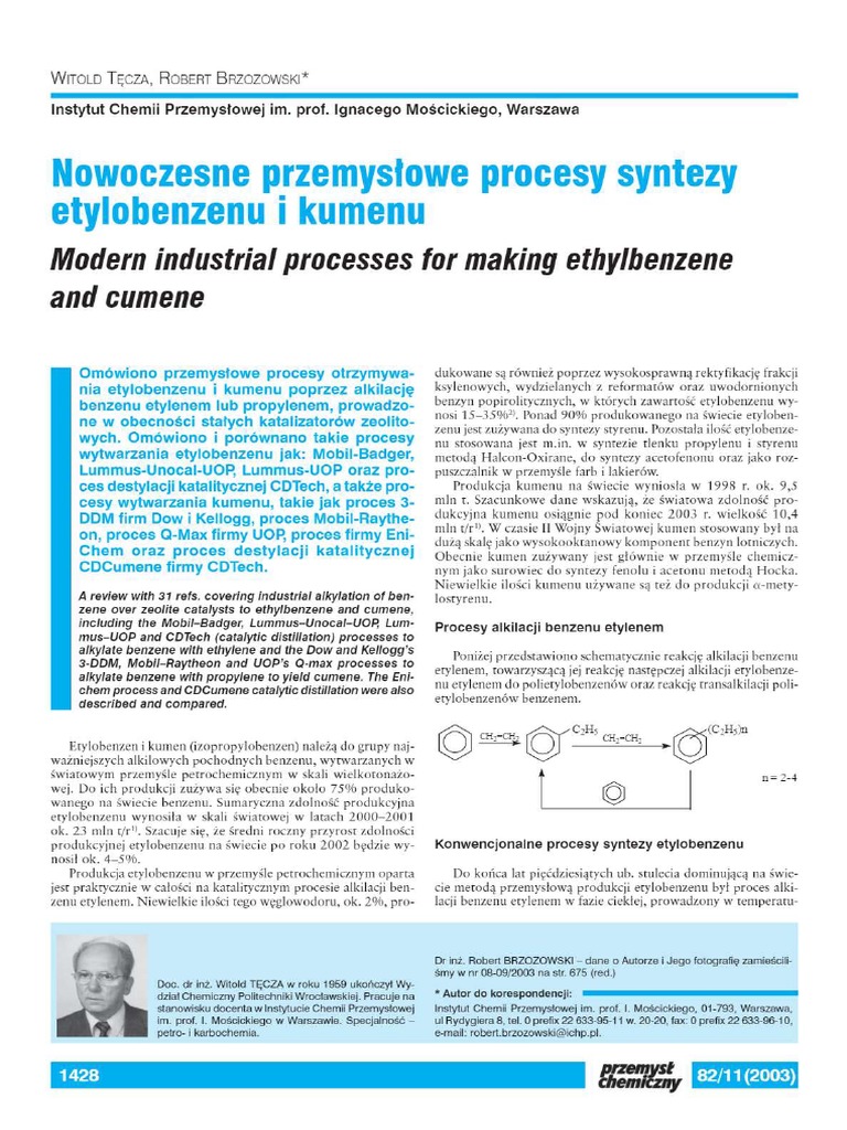 Przemysłowe Procesy Syntezy Kumenu | PDF