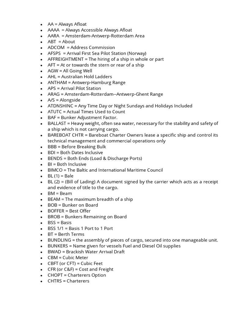 Chartering Terms and Abbreviations Guide | PDF | Cargo | Ships