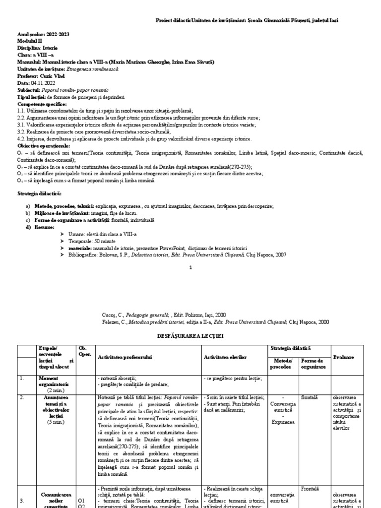 Proiect Didactic - Poporul Român - Popor Romanic | PDF
