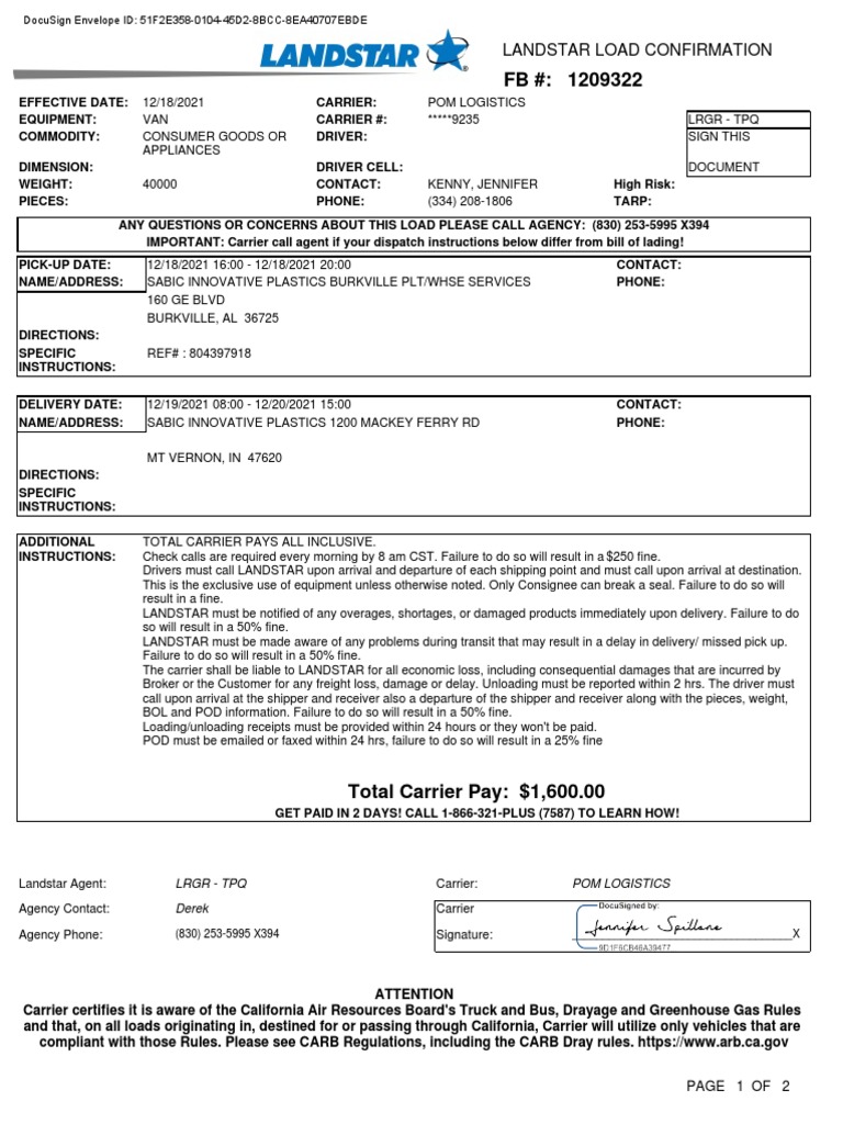 Load Confirmation for Transportation of Consumer Goods from Alabama to ...