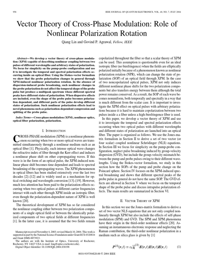 Vector Theory Of Cross Phase Modulation Pdf Polarization Waves