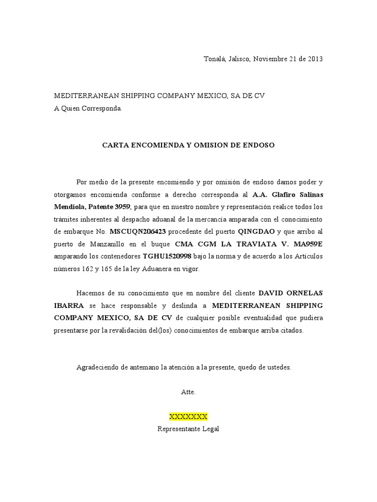 Carta Encomienda FORMATO LIBRE MSC | PDF