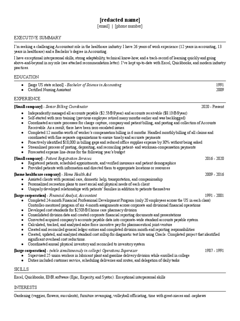 Accounting Resume Redacted | PDF | Health Sciences | Health Care
