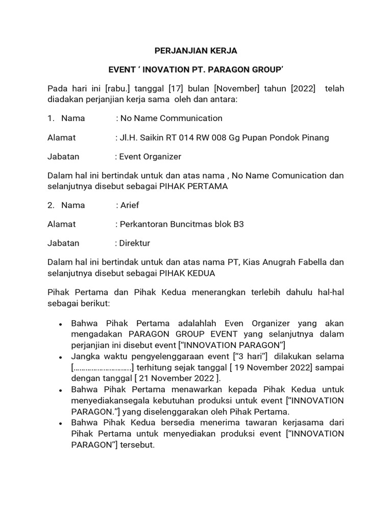 PERJANJIAN KERJA Event Production | PDF