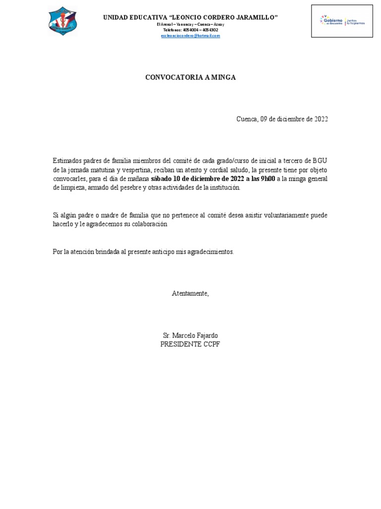 Convocatoria A MINGA 09-12-2022 | PDF Convocatoria A MINGA 09-12-2022 | PDF