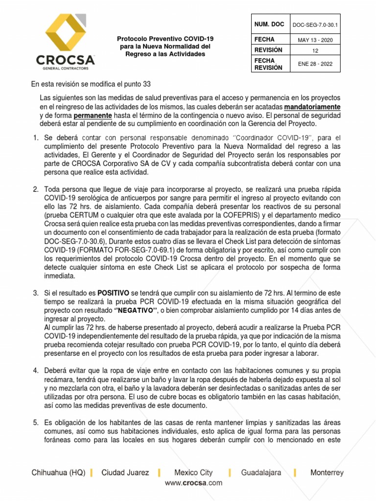 Protocolo Preventivo COVID-19 Nueva Normalidad para El Reinicio de Actividades Rev 12 | PDF ...