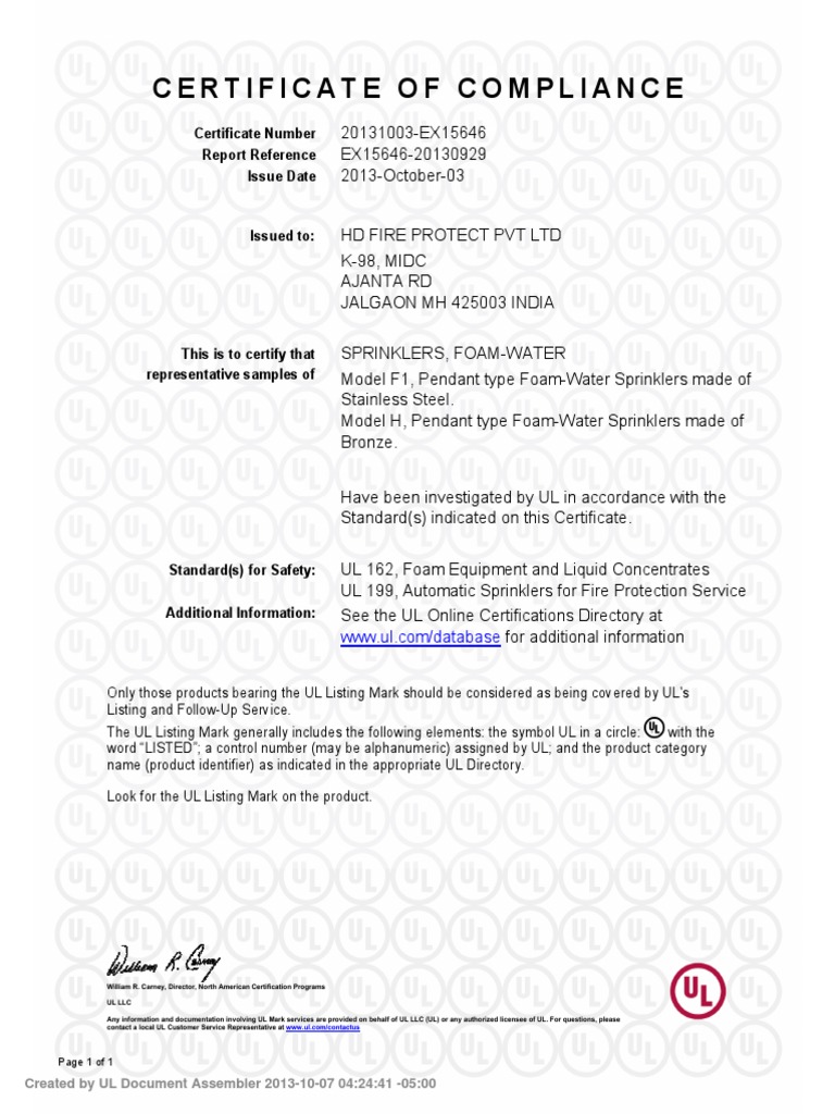 EX15646 UL COC Foam Sprinkler | PDF | Safety