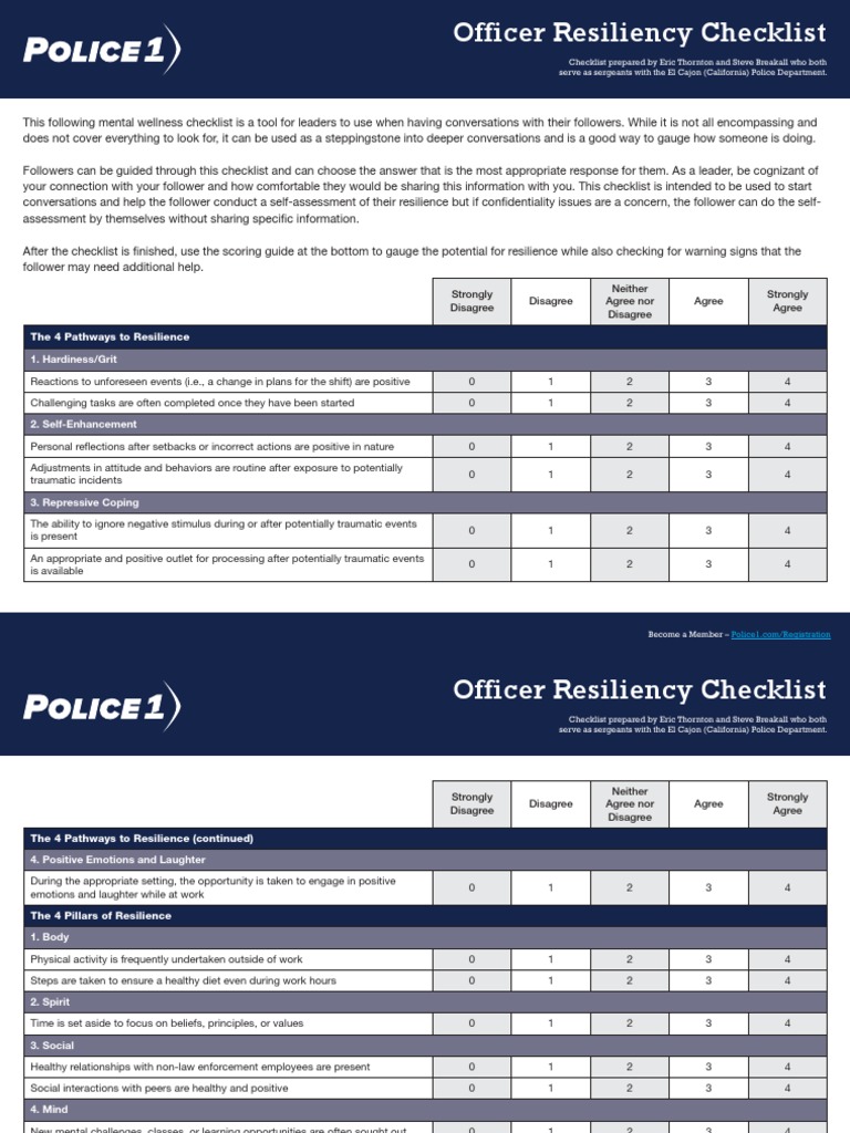 Police 1 Officer Resiliency Checklist Jan 2023 | PDF | Psychological ...