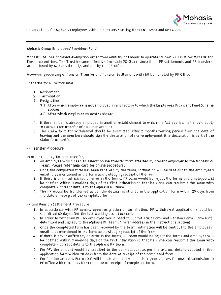 PFguidlines &forms For Mphasis &finsource Employees | PDF | Cheque ...