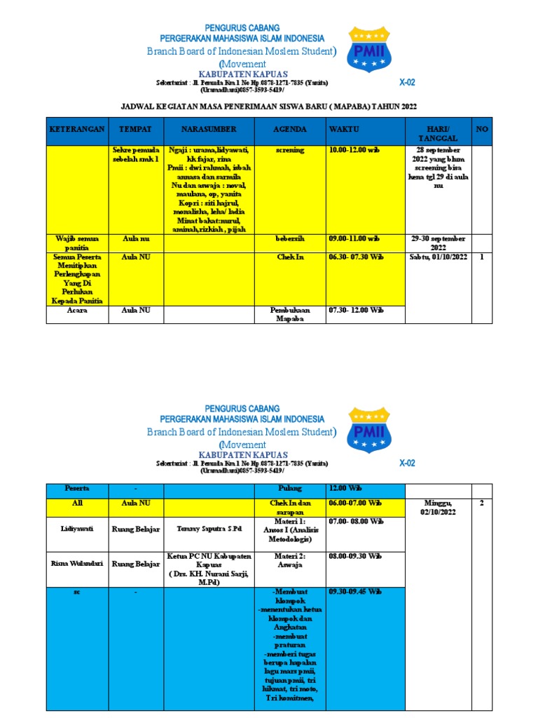 Jadwal Panitia Mapaba 2022 | PDF