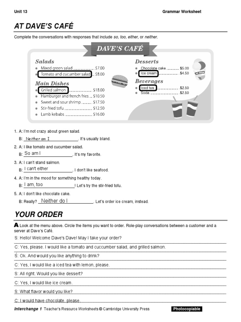 Interchange5thEd Level1 Unit13 Grammar Worksheet | PDF