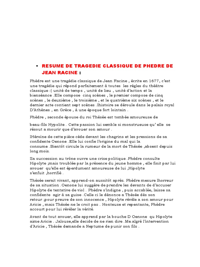 Resume de Tragedie Classique de Phedre de Jean Racine | PDF