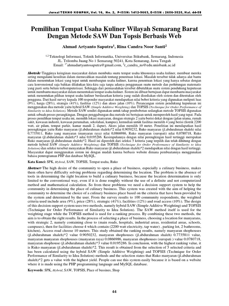 Pemilihan Tempat Usaha Kuliner Wilayah Semarang Barat Dengan Metode SAW ...