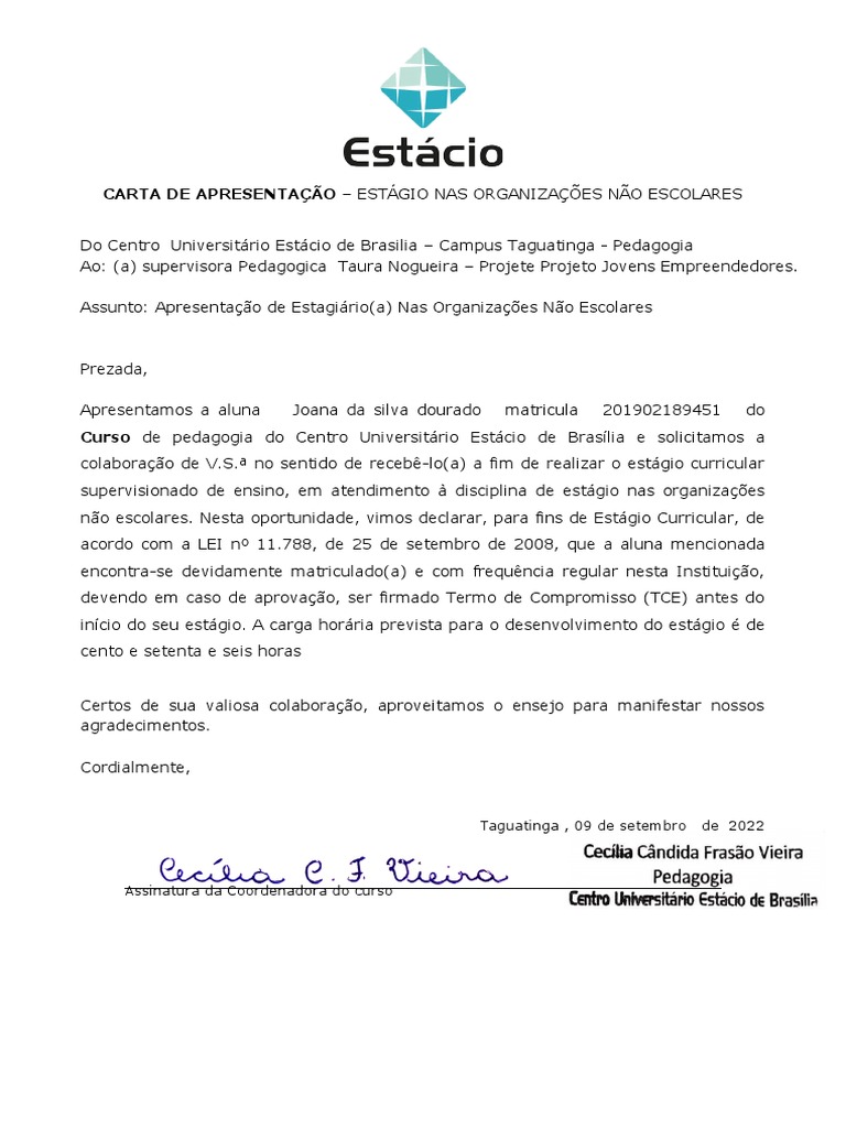 Carta De Apresentação Para Estágio Pdf Carreira E Crescimento