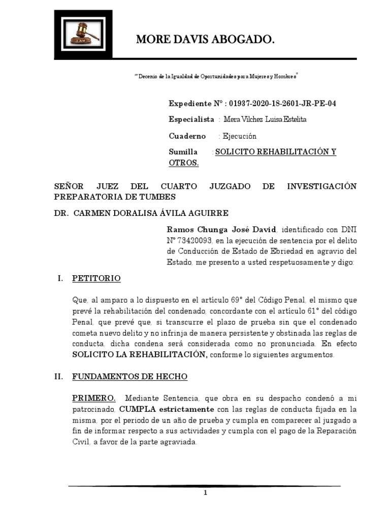 Escrito de Rehabilitación. Ramos Chunga José David | PDF | Castigos ...