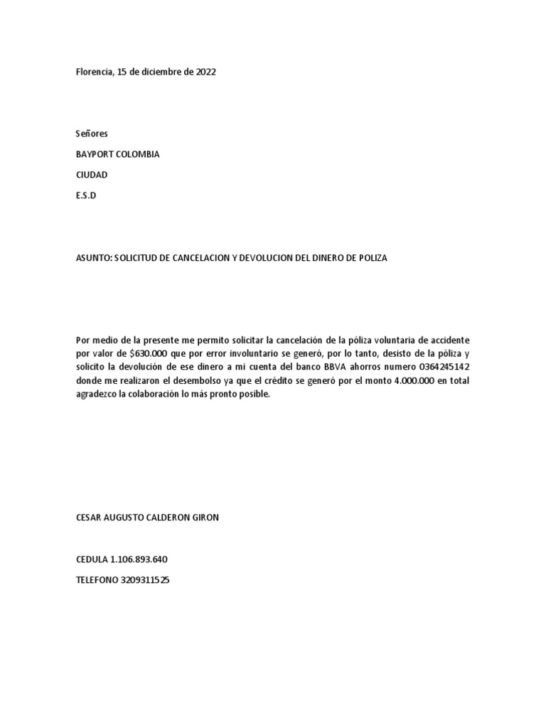 Solicitud Cancelacion Poliza | PDF Solicitud Cancelacion Poliza | PDF