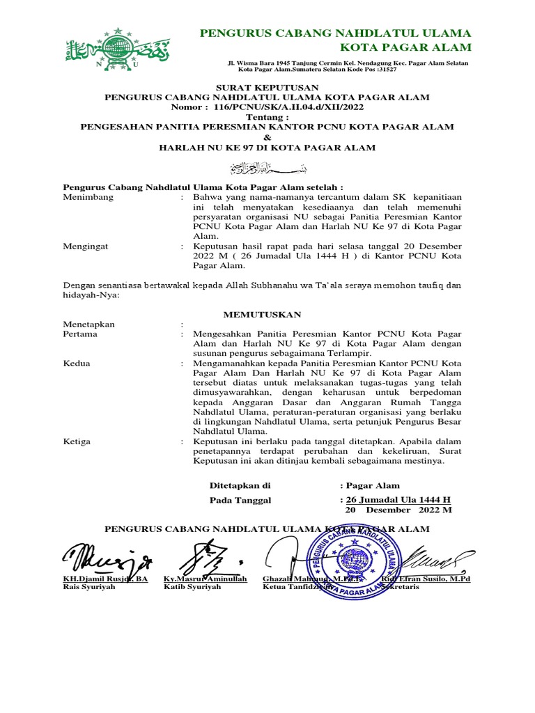 SK Peresmian Kantor PCNU Pagar Alam | PDF
