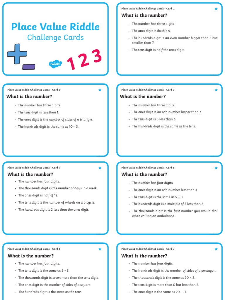 Place Value Riddle Challenge Cards Pdf Numbers Elementary Geometry