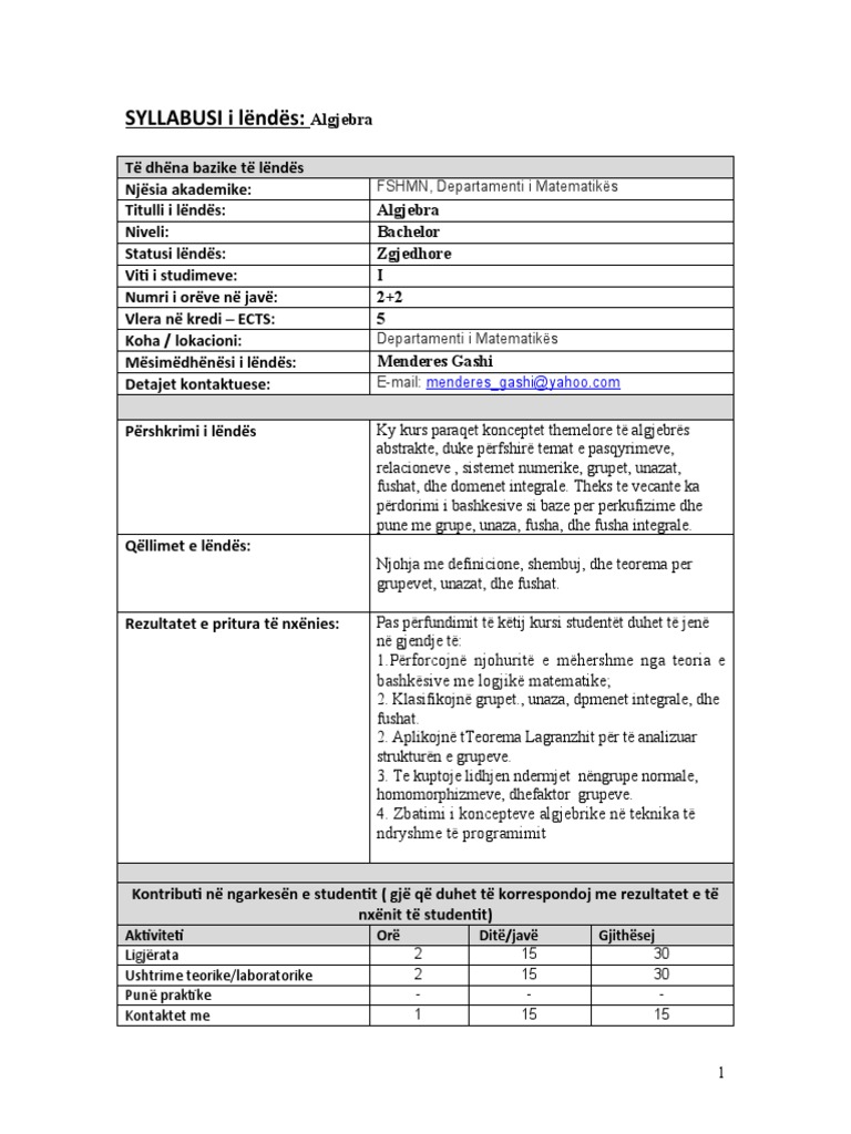 SYLLABUSI I Lëndës | PDF