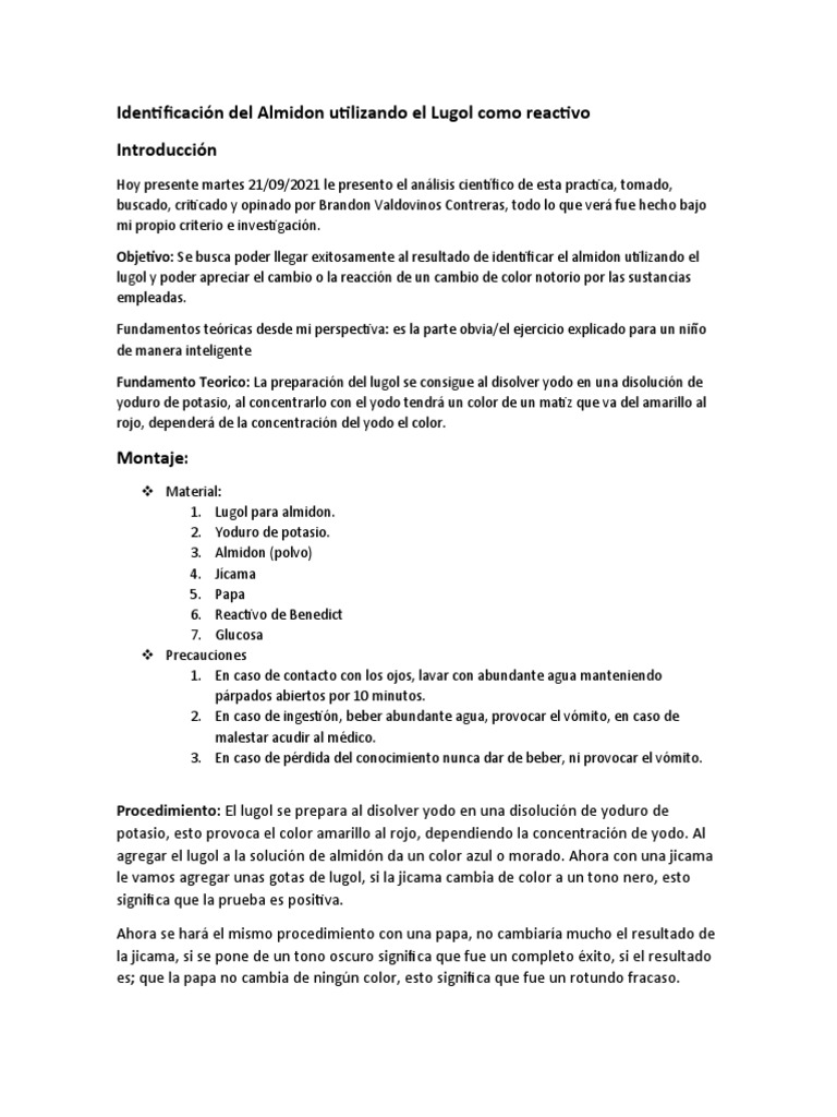 Identificación de Almidón con Lugol | PDF | Color | Agua