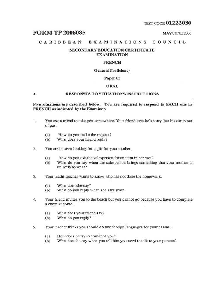 CSEC French Oral Exam Practice 2006 | PDF