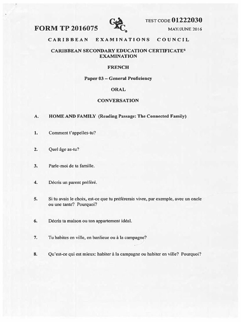 CSEC French June 2016 P3 | PDF